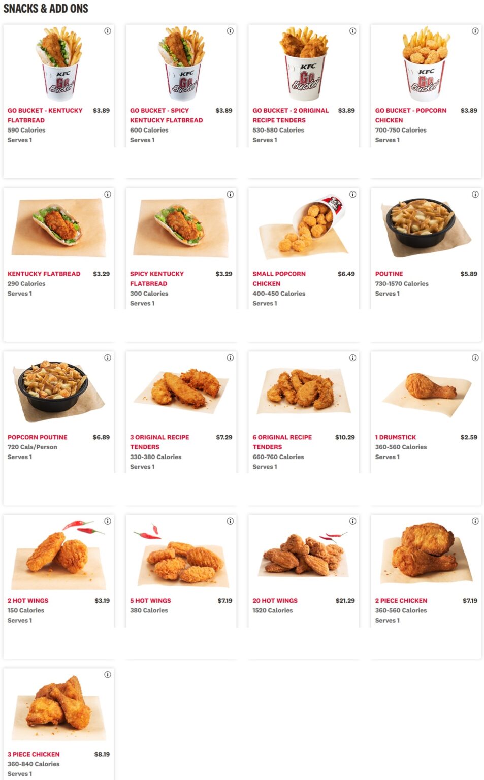 KFC Menu Prices Canada