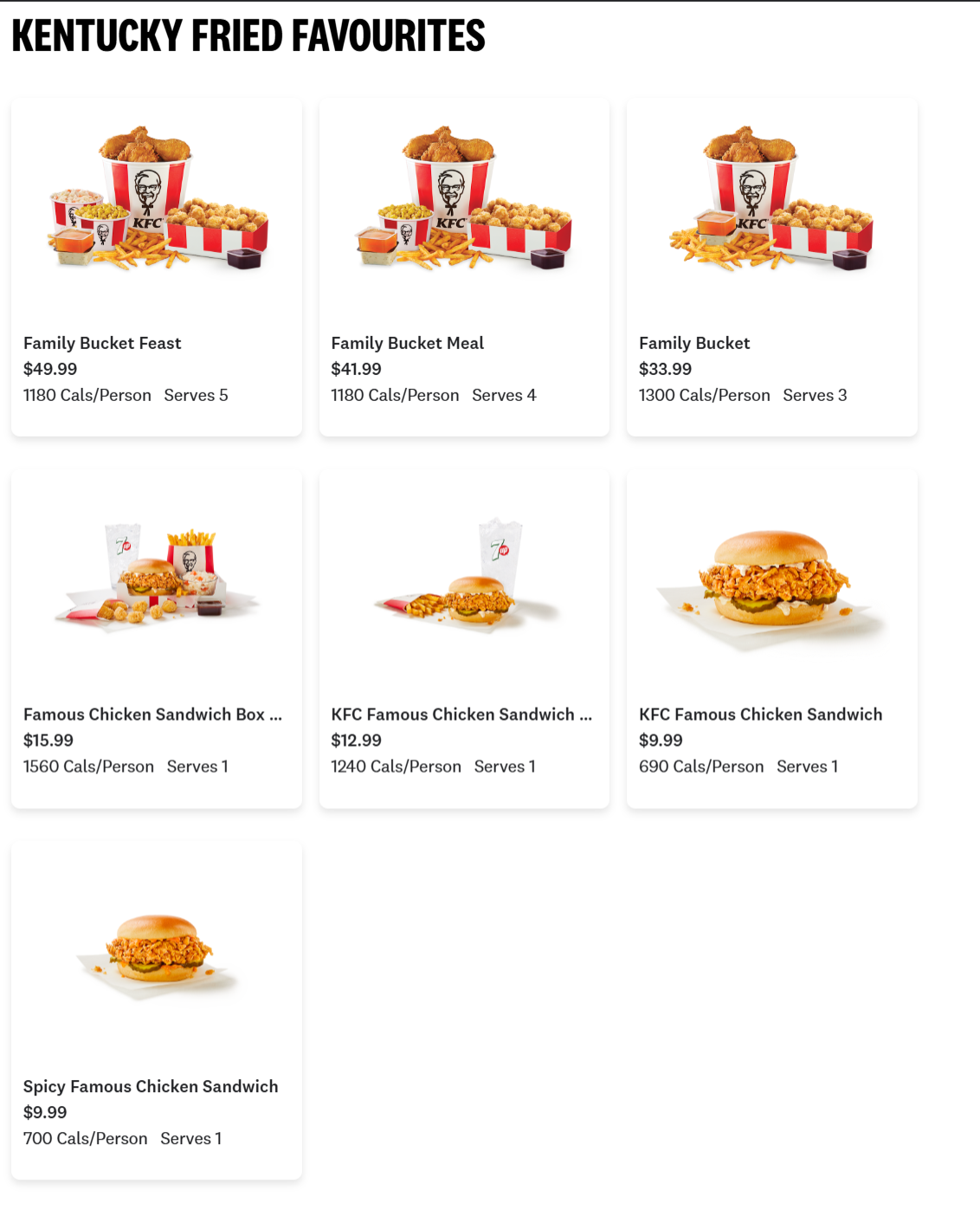KFC Menu Prices Canada